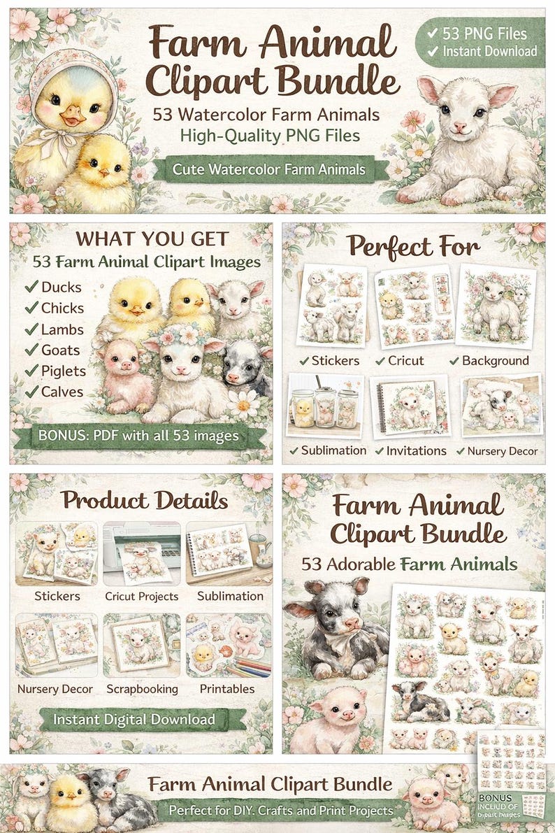 53 Baby Farm Animal Clipart Bundle PNG | Watercolor Nursery Animals ...
