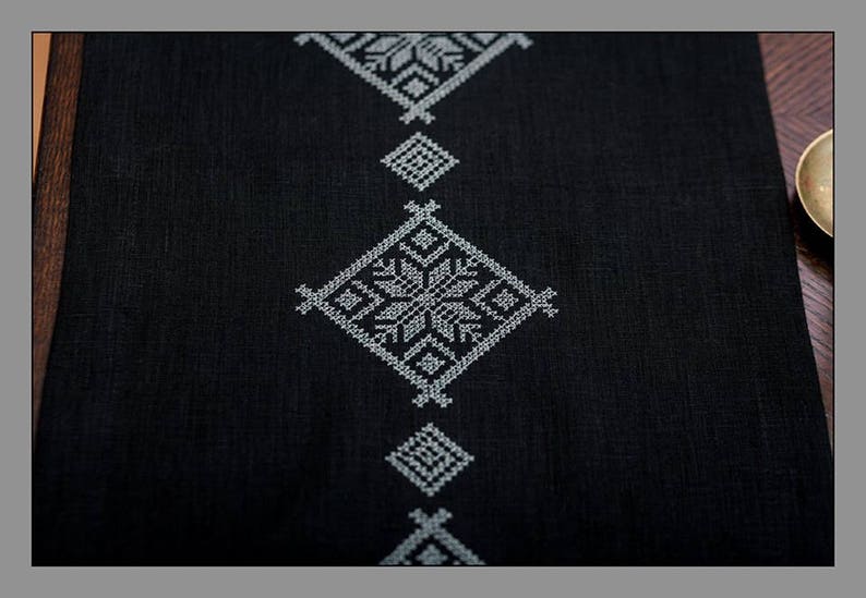 Black Linen Table Runner Rustic Linen Tablecloth Embroidered Table ...