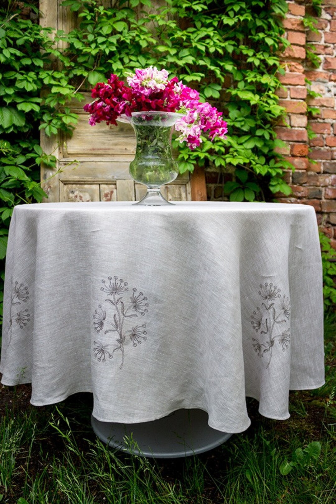 Mantel redondo de lino, Mantel de Pascua, Manteles de tela de bordado floral - Etsy España