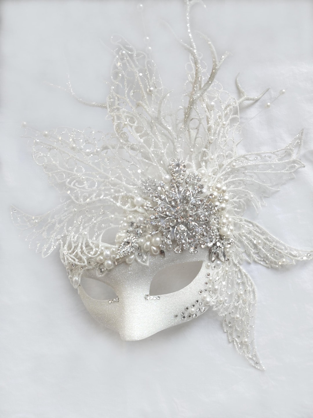 Winter Snow Queen Ice Masquerade Mask, Handmade White Silver Pearl ...