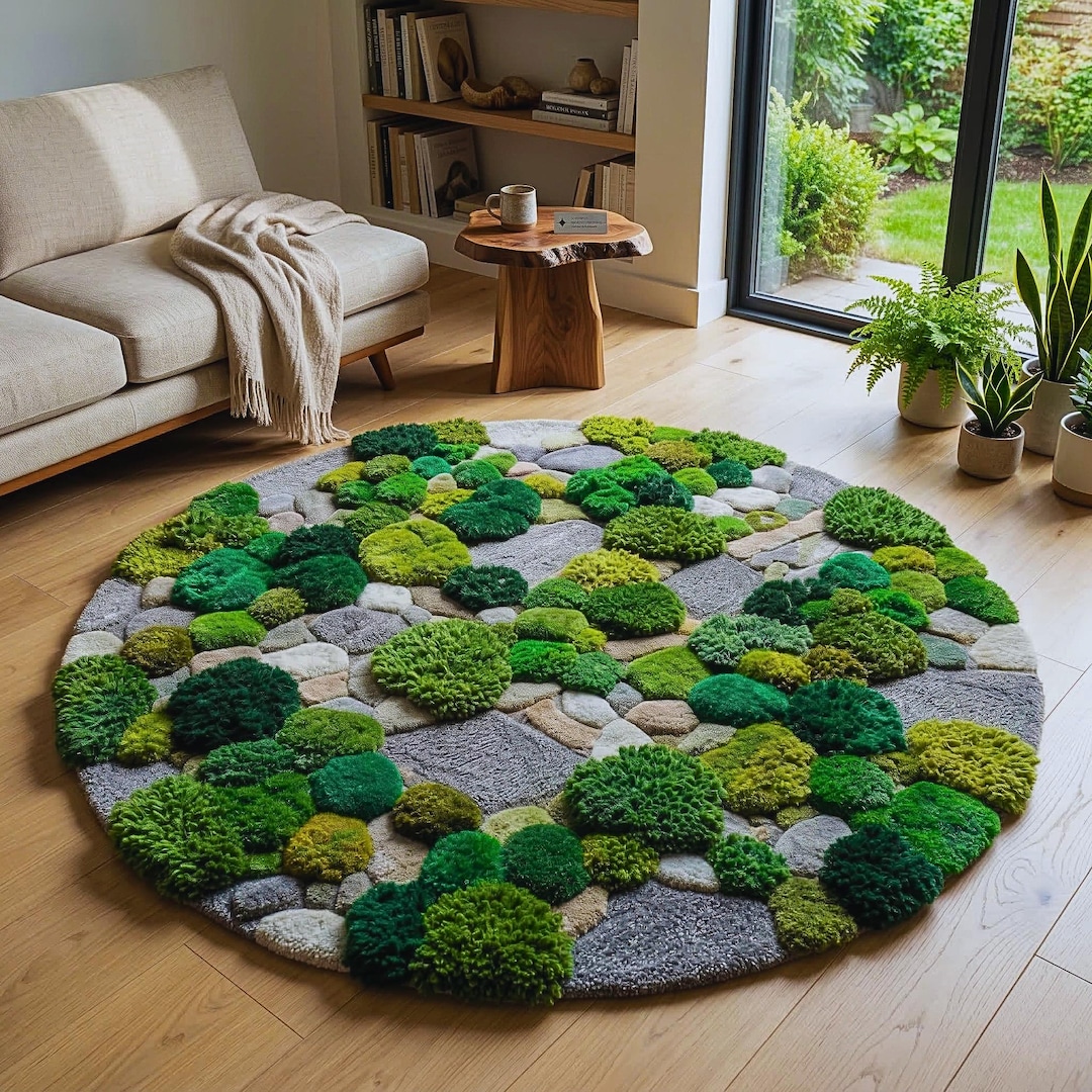 Round Moss Rug, Sculpted Organic Stone Path Luxury Green Area Carpet ...