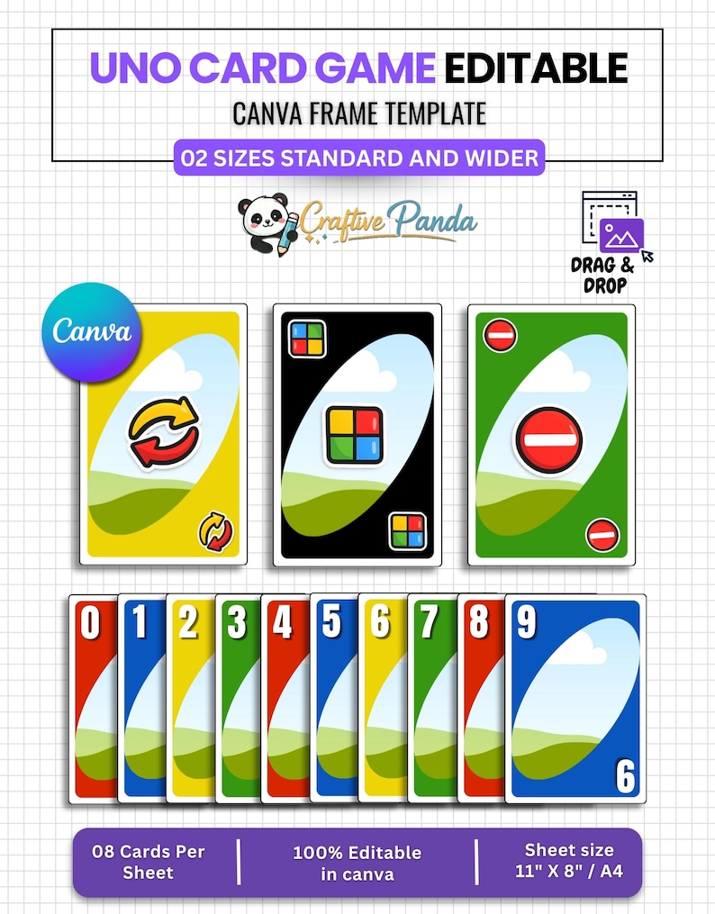 UNO Card Template Canva, Editable UNO Game Card Template, Printable ...