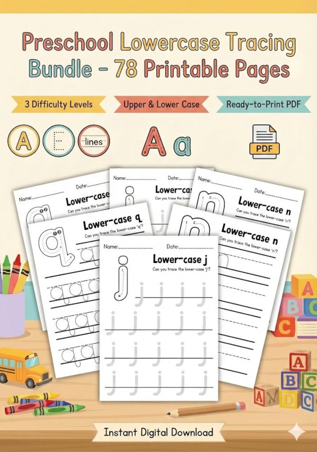 Preschool Lowercase Tracing Worksheets | 78 Pages, 3 Difficulty Levels ...