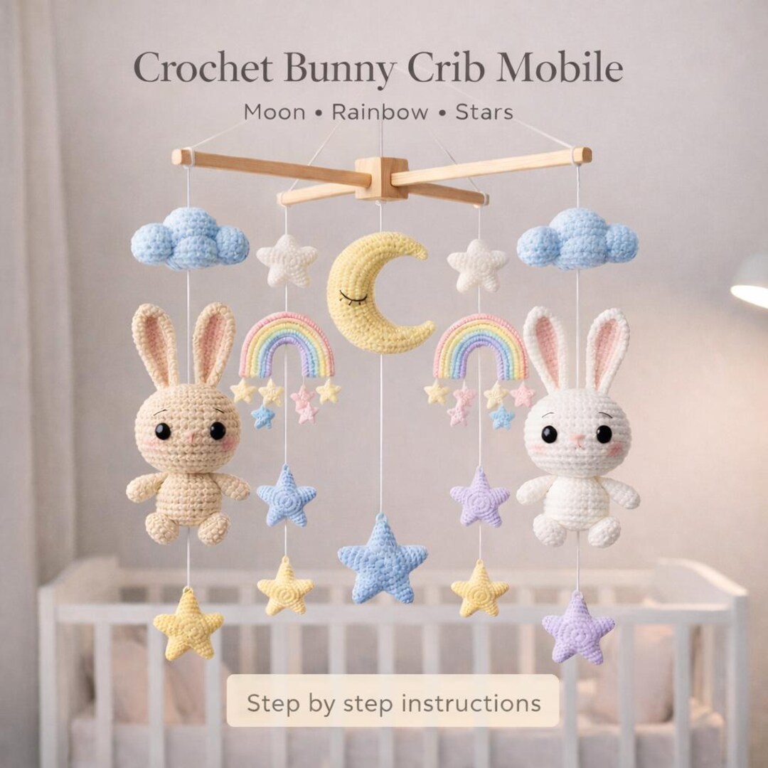 Crochet Crib Mobile Pattern, Bunny Moon Rainbow Nursery Amigurumi (PDF ...