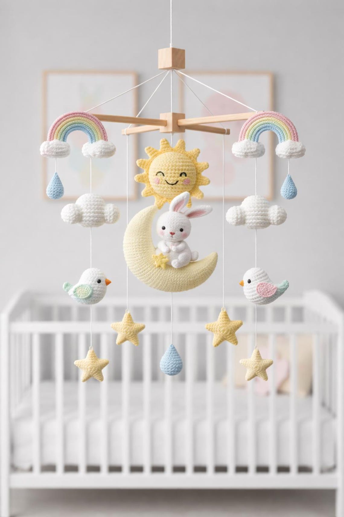 Crochet Baby Mobile Pattern – Sun Moon & Bunny Rainbow Nursery Mobile ...
