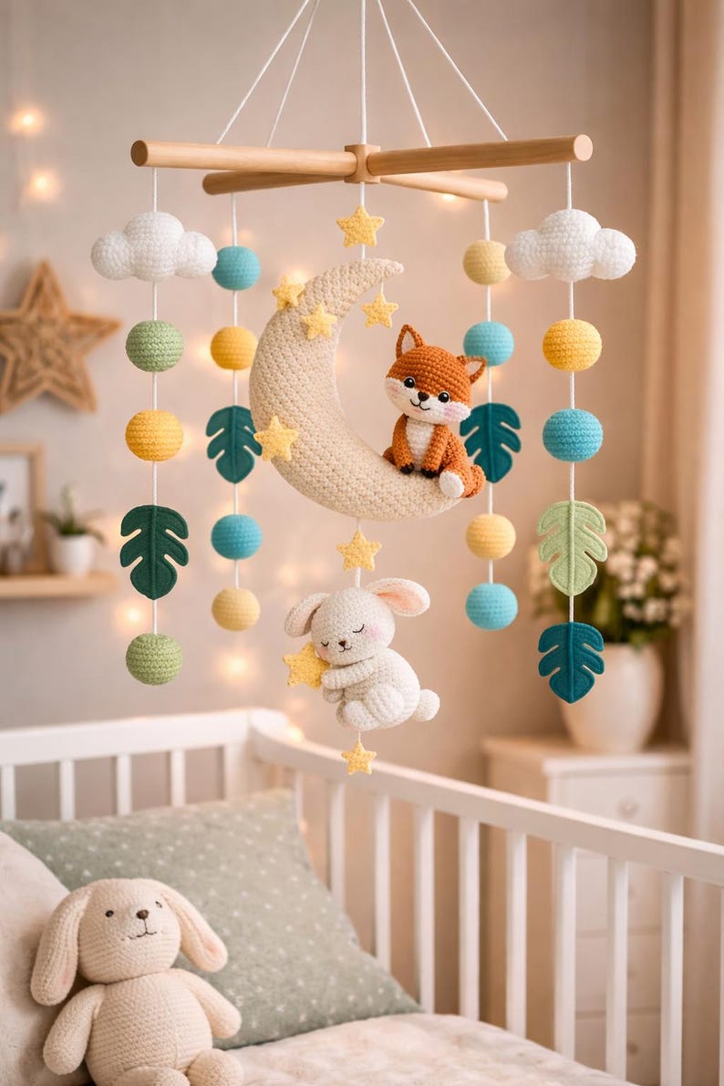 Safari Wald Baby Mobile Häkelanleitung PDF, Mond Fuchs Hase ...