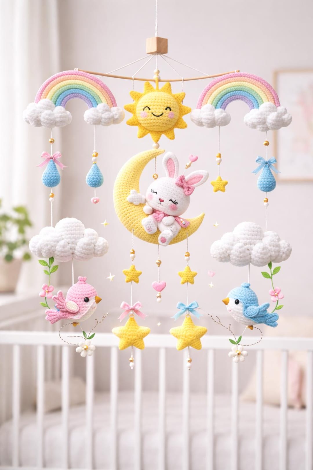 Crochet Baby Mobile Pattern – Sun Moon & Bunny Rainbow Nursery Mobile ...