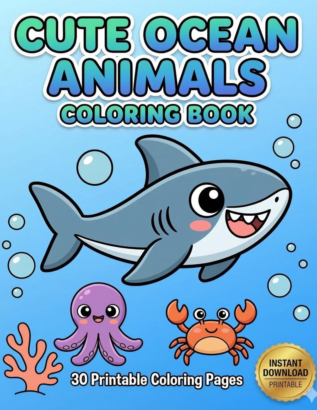 Cute Ocean Animals Coloring Book for Kids 4-8 | 30 Printable Coloring ...