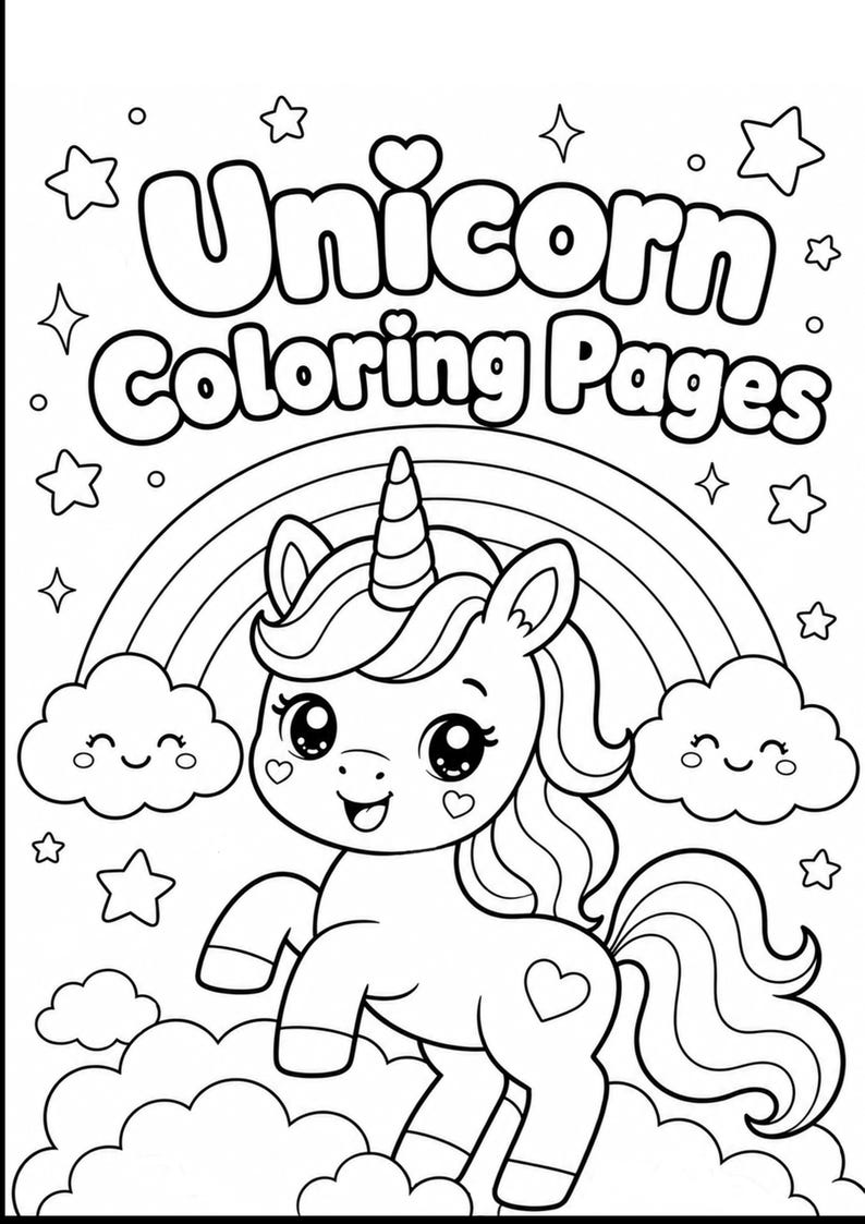 Unicorn Coloring Pages for Kids | Printable PDF & PNG | 10 Cute Kawaii ...