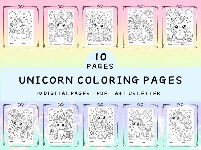 Unicorn Coloring Pages for Kids | Printable PDF & PNG | 10 Cute Kawaii ...