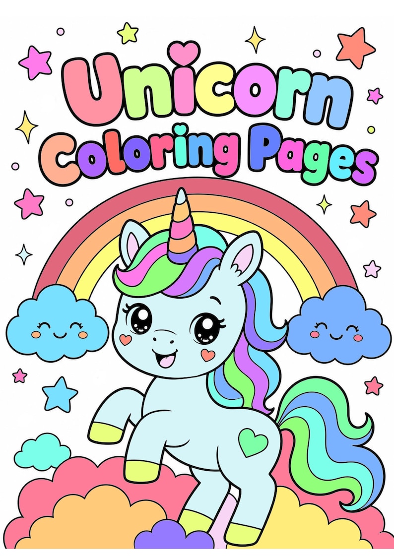 Unicorn Coloring Pages for Kids | Printable PDF & PNG | 10 Cute Kawaii ...