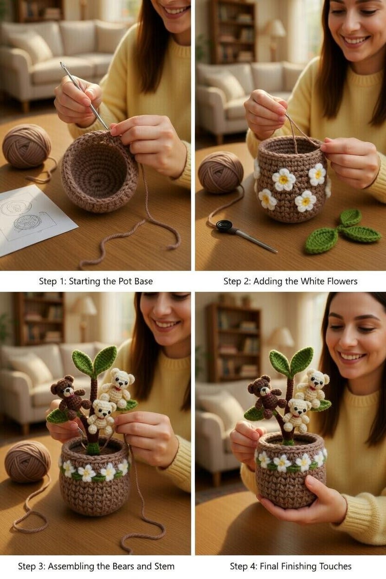 Crochet Teddy Bear Plant Pot Pattern | Amigurumi Bear Flower | Forest ...
