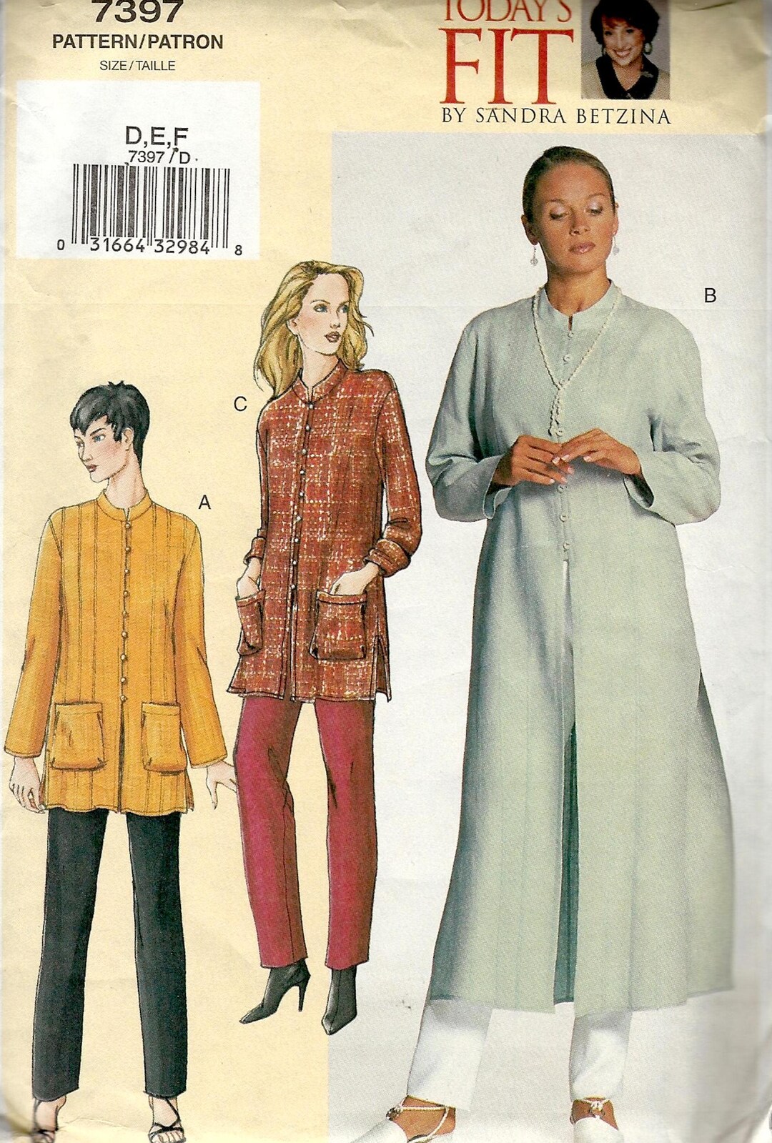 Vogue 7397 Long Duster Jacket or Top Thigh Calf Length Tucks Collar ...