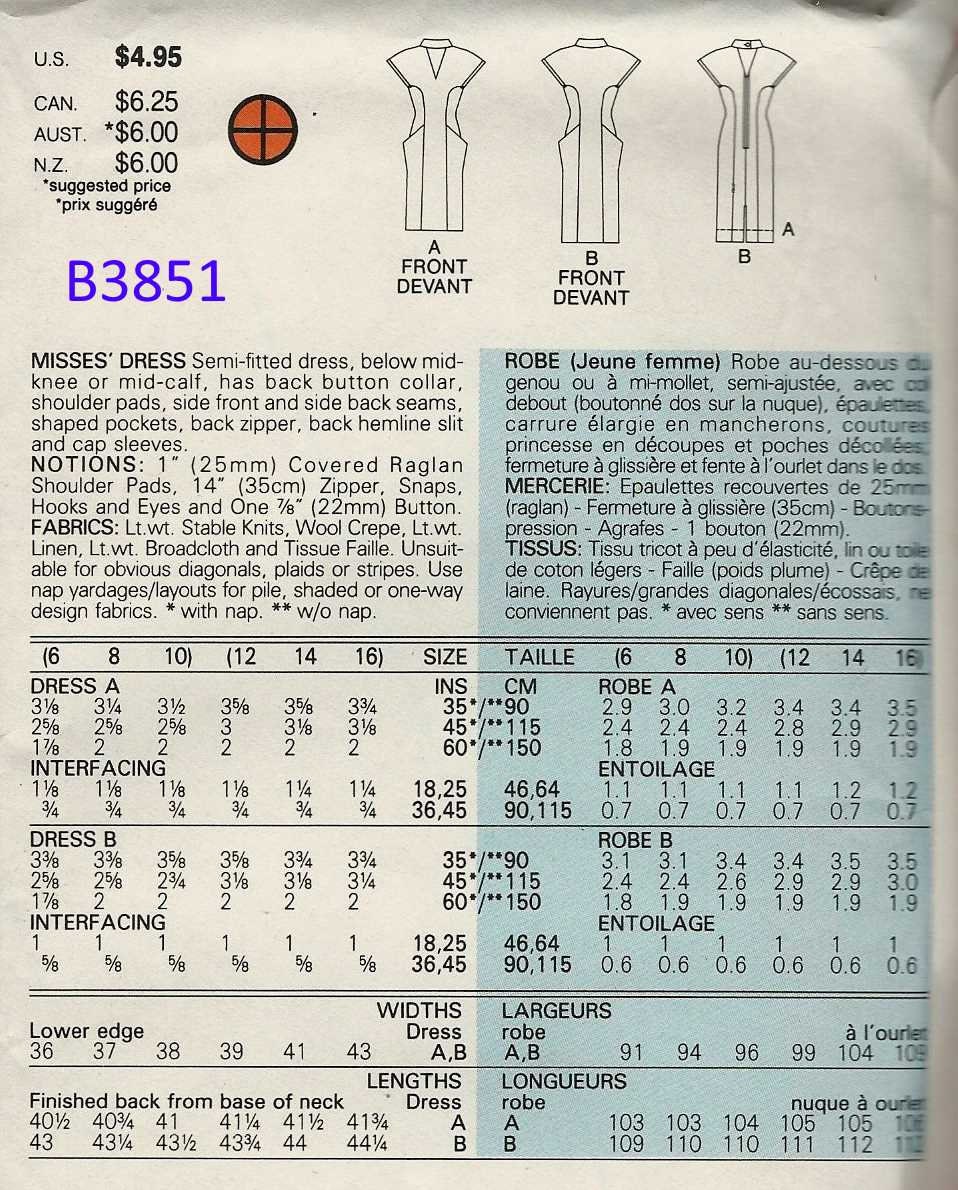 Butterick 3851 Dress in Panels Extended Sleeves Front Pockets Back ...