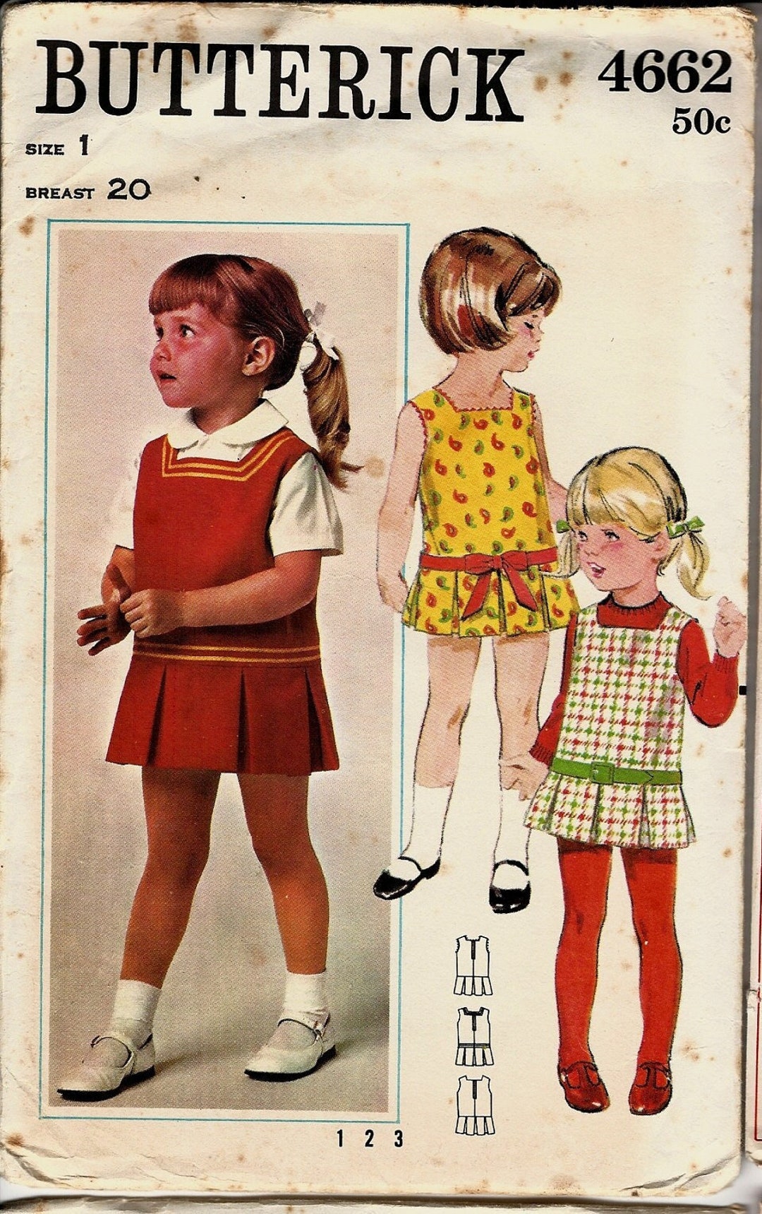 Sewing Pattern Butterick 4662 Girls Sleeveless Dress Pinafore Jumper Drop Waist Inverted Pleated ...