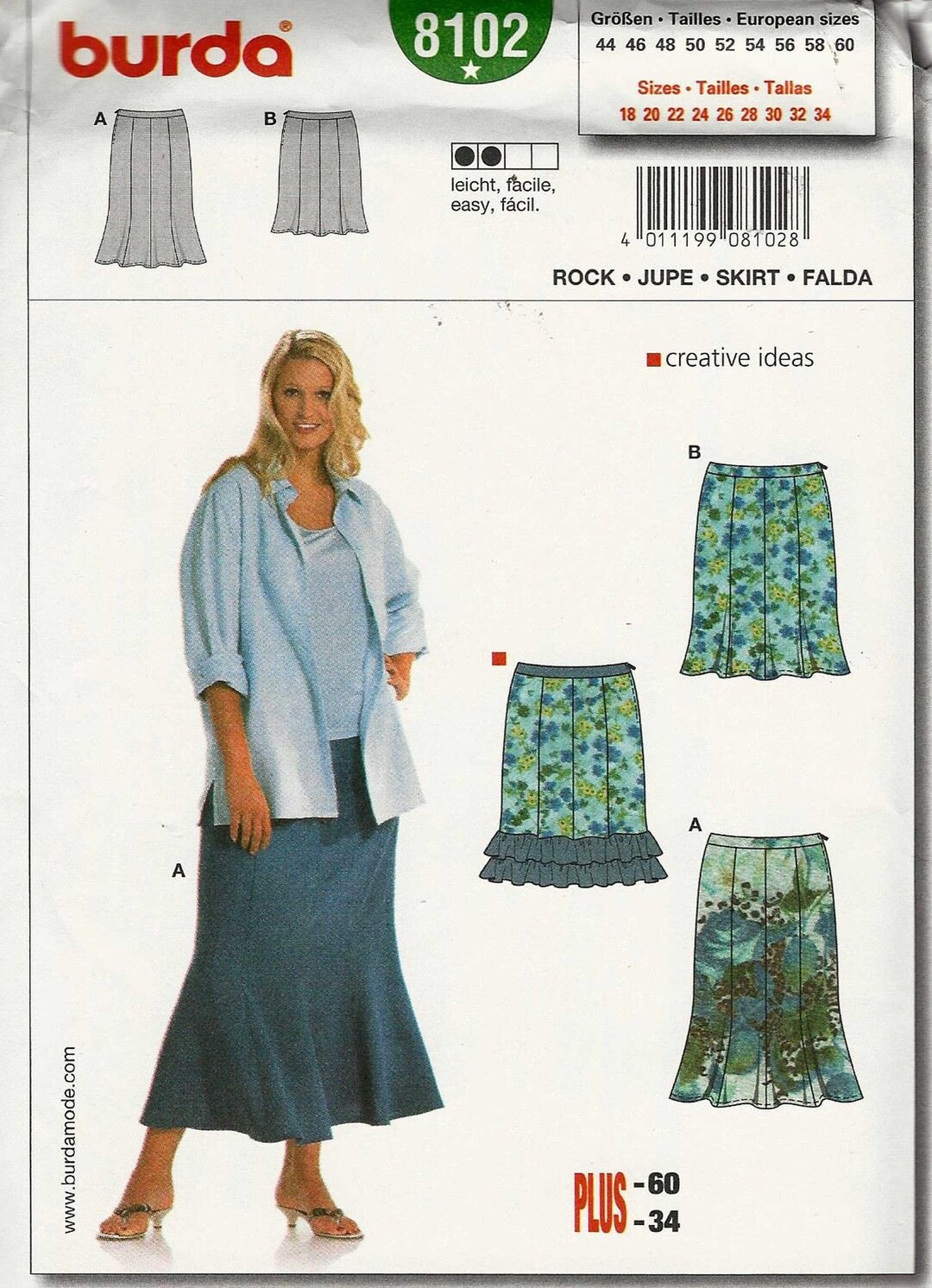 Burda 8102 Skirt Slim Panelled Gored With Flared Flip Hem and Fixed ...