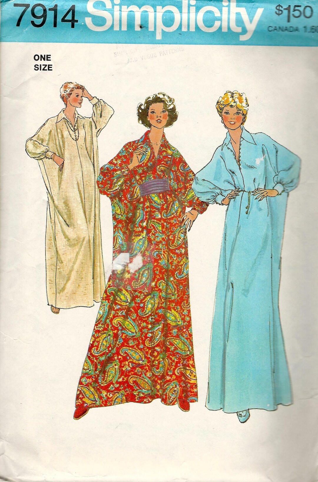 Simplicity 7914 Caftan Half Button Collar Long Kimono Sleeves Gathered to Cuffs With Cummerbund ...