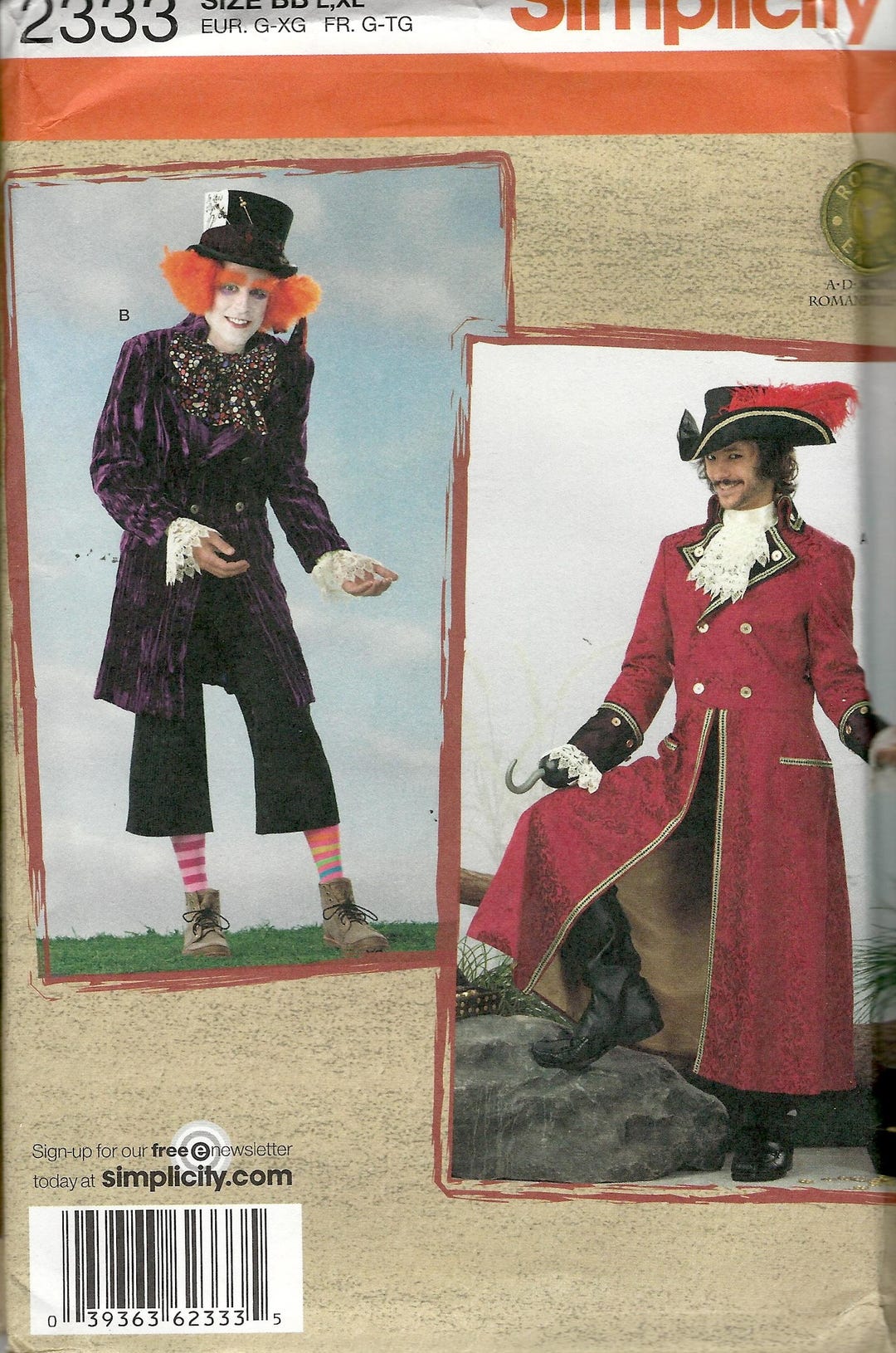 Simplicity 2333 Costumes Pirate Hook Mad Hatter Coat Double Buttons ...