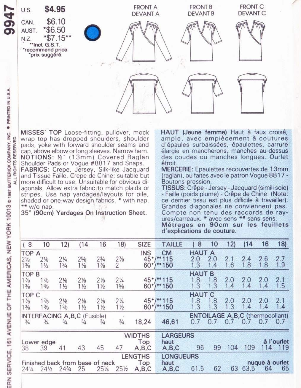 Sewing pattern Vogue 9947 Set of mock wrap tops bodice - Etsy