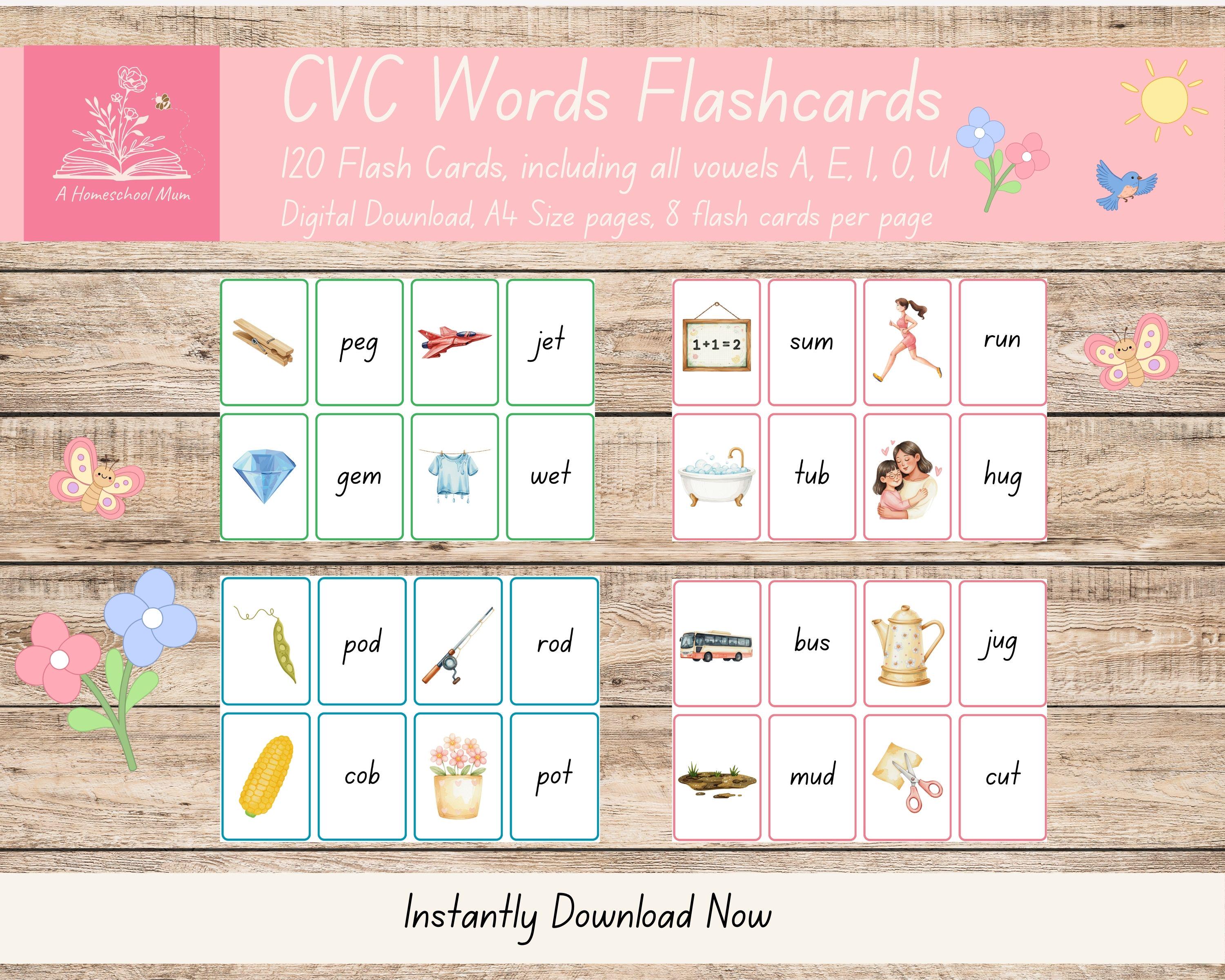 CVC Flashcards Printable, Phonics Learning Words, Preschool Reading ...