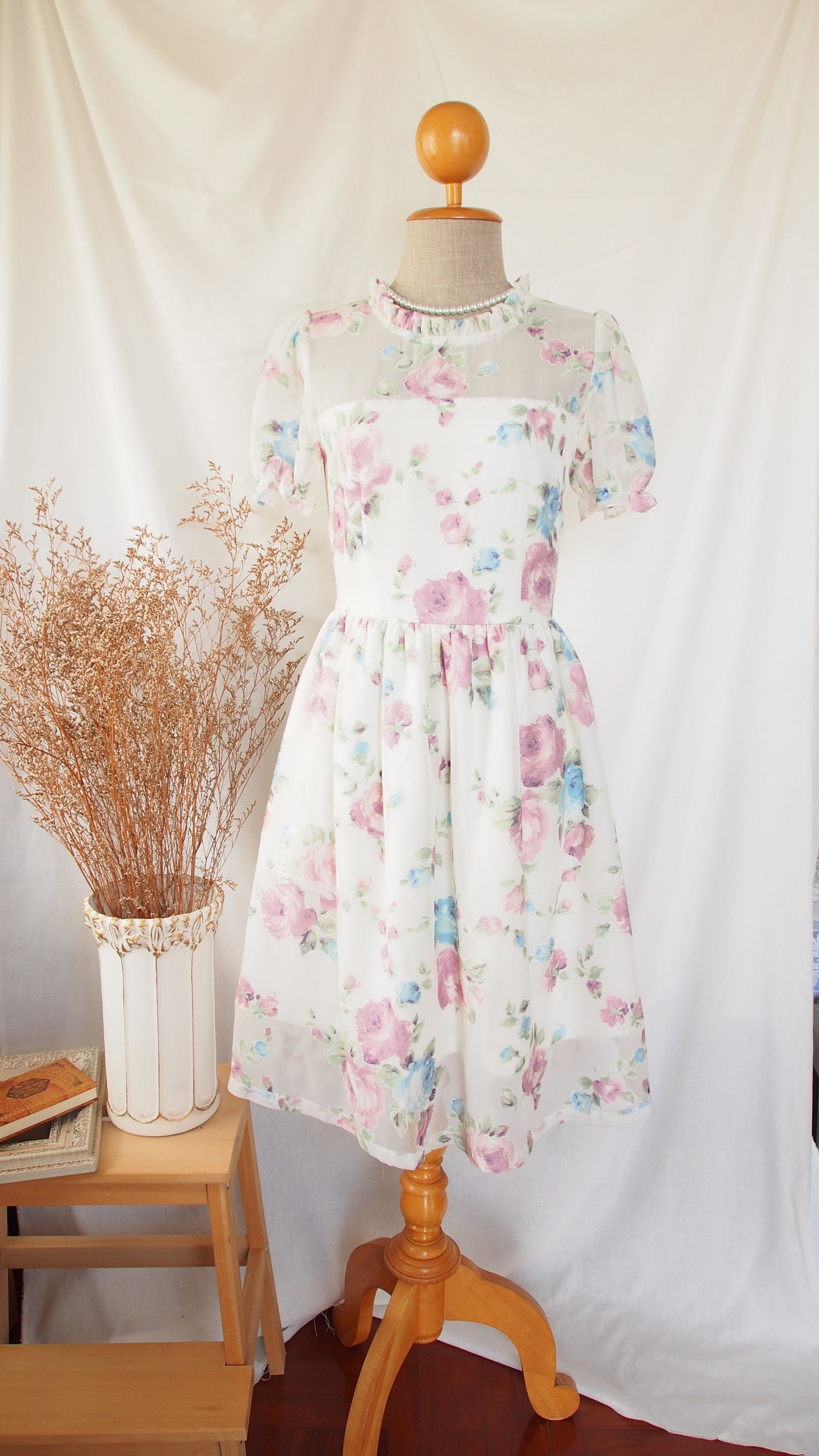 Purple Rose Vintage Floral Summer Dress Puff Sleeve Sundress Flower ...