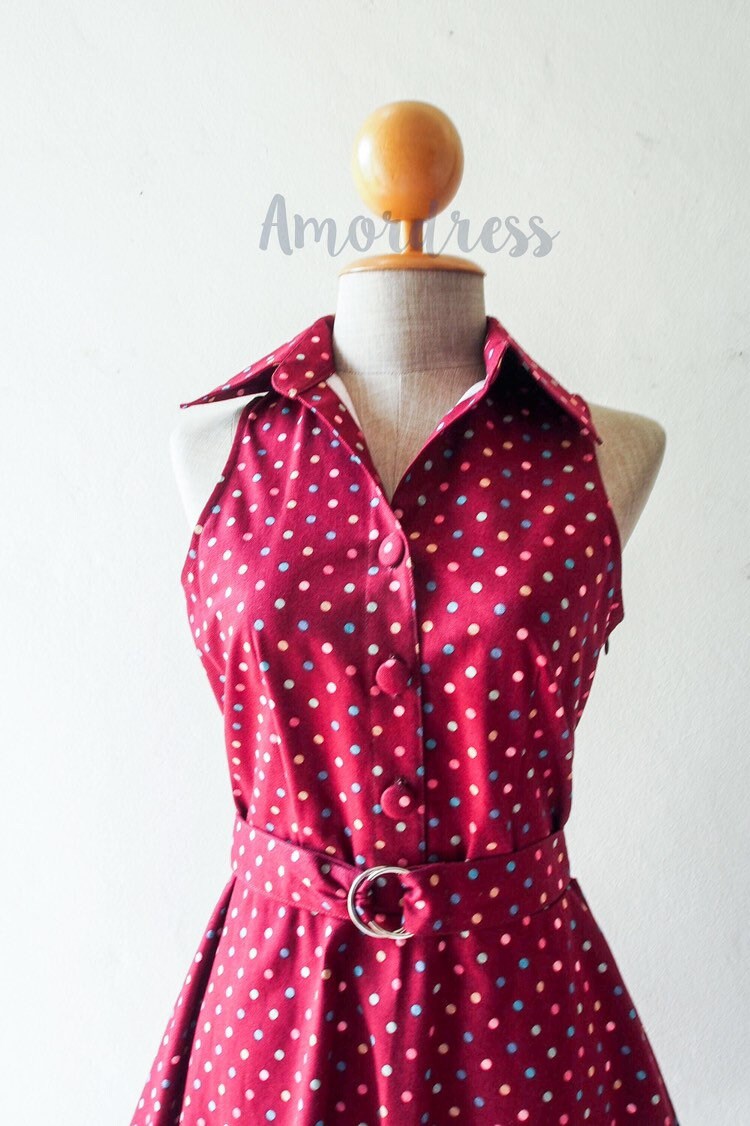 Retro Party Dress Mod Clothing Shirt Dress Dark Burgundy Polka | Etsy