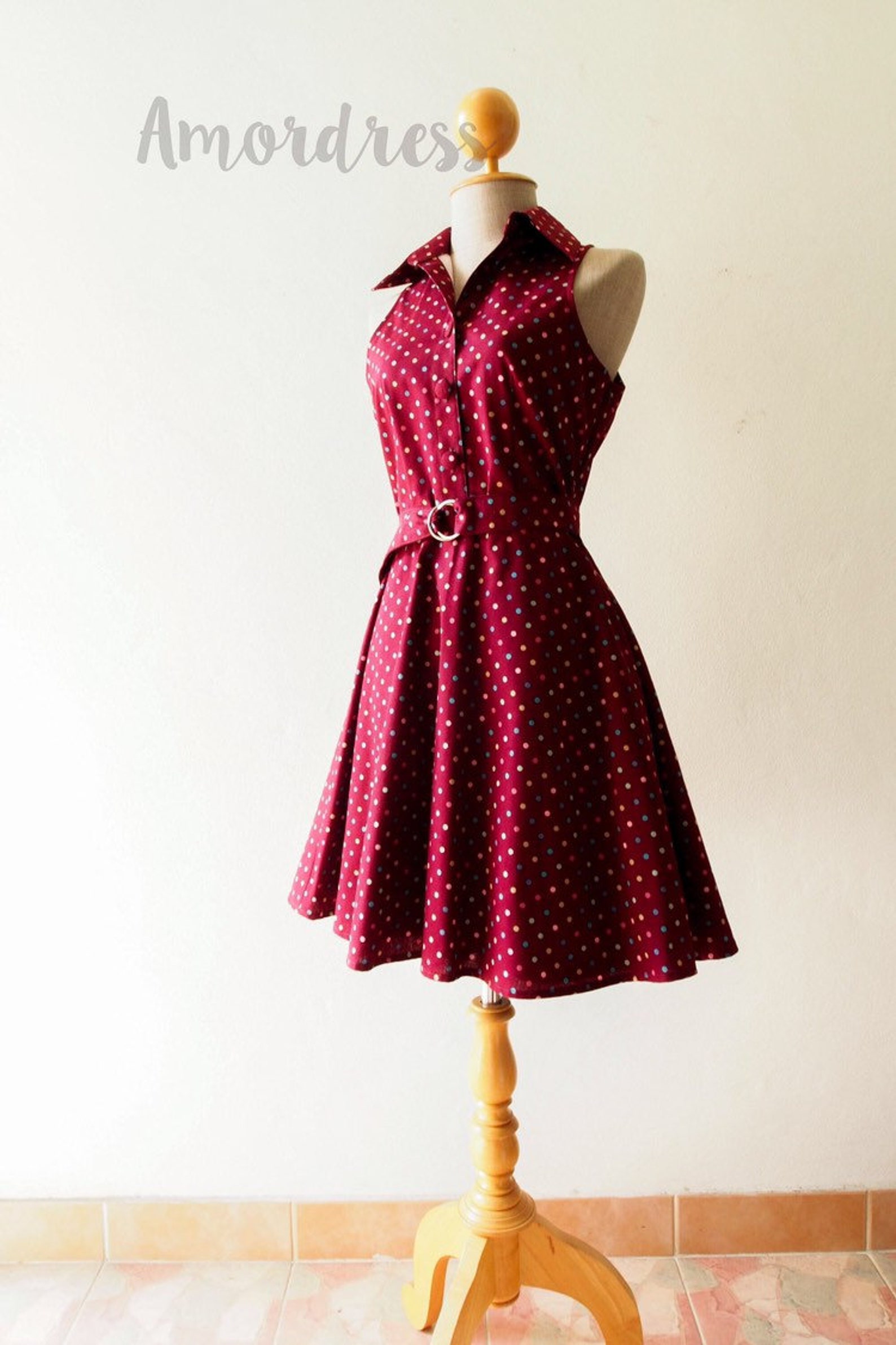 Retro Party Dress Mod Clothing Shirt Dress Dark Burgundy Polka | Etsy