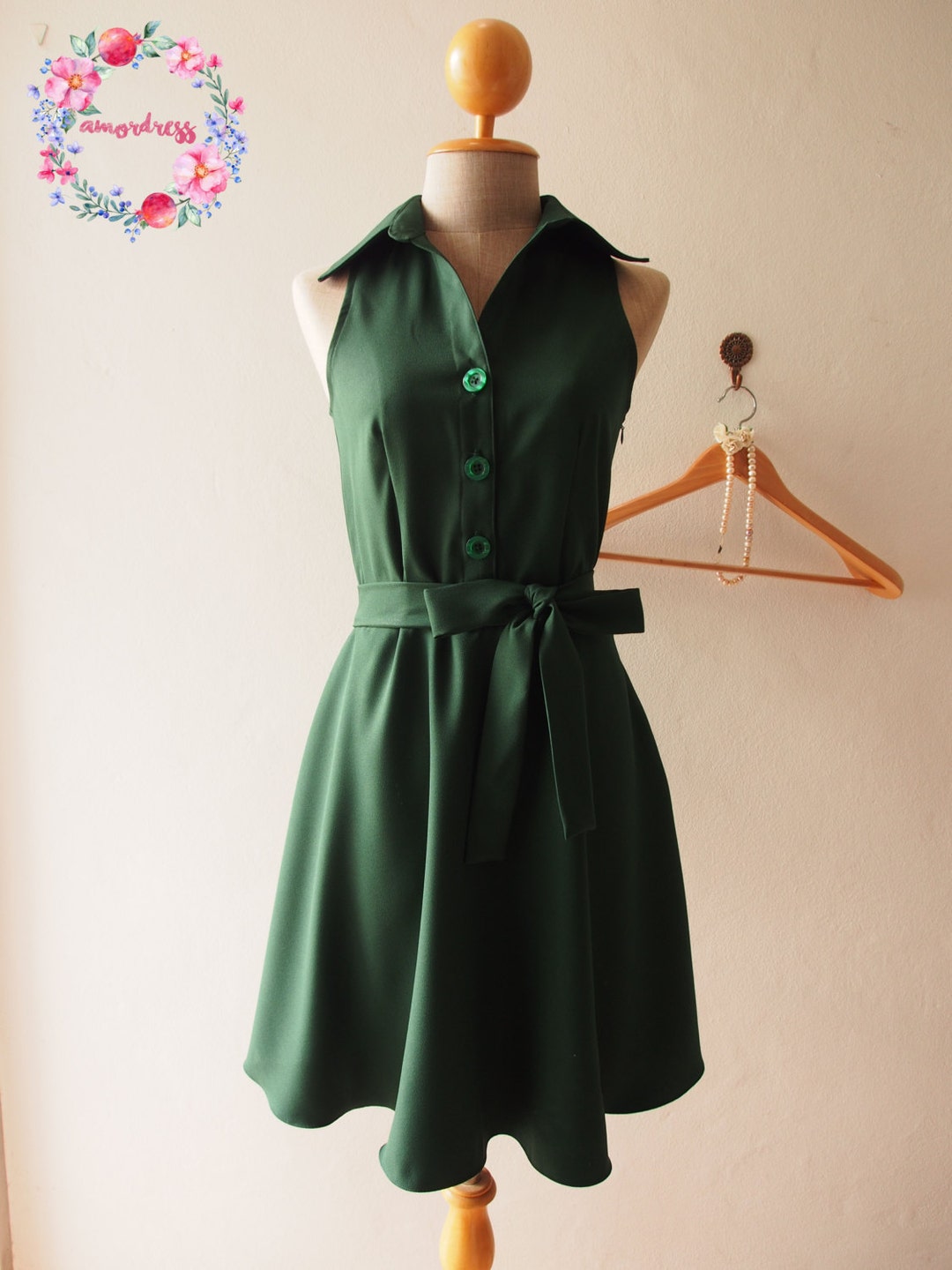 DOWNTOWN Green Sundress Vintage Inspired Midi Dress Skater Dress Summer ...