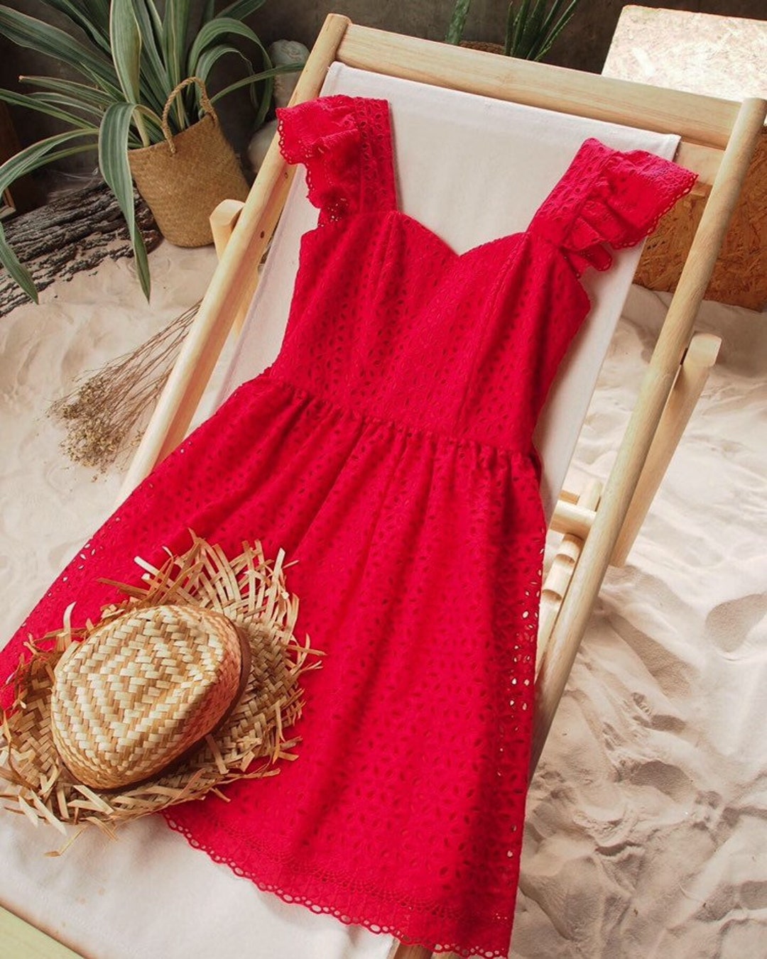 Red Sundress Summer Dress Sleeve Dress Party Dress Red Lace Dress ...