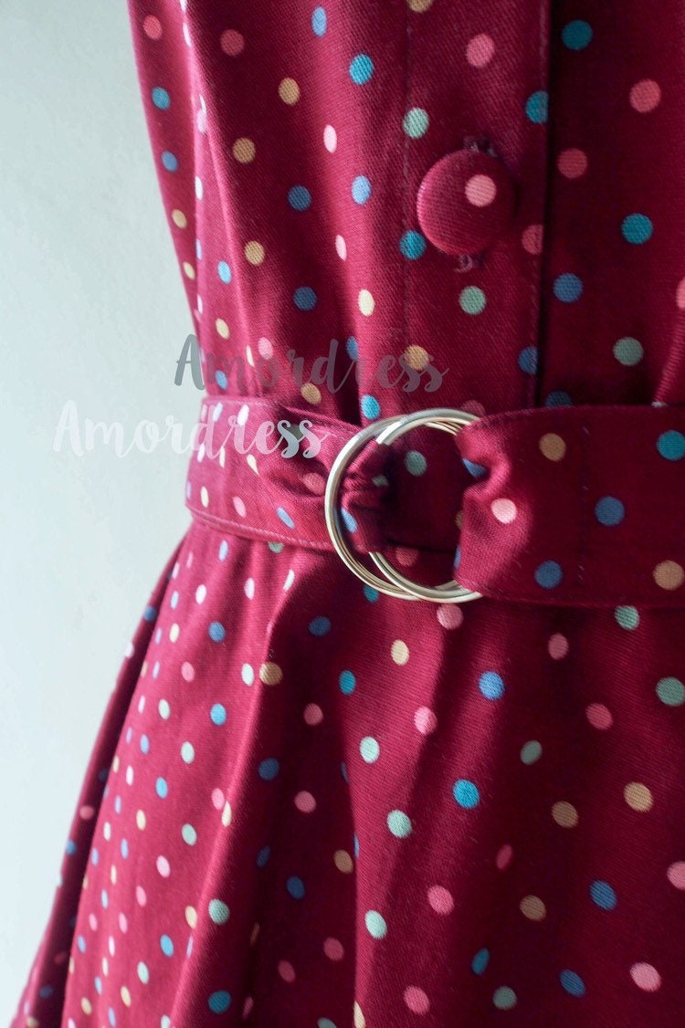 Retro Party Dress Mod Clothing Shirt Dress Dark Burgundy Polka | Etsy
