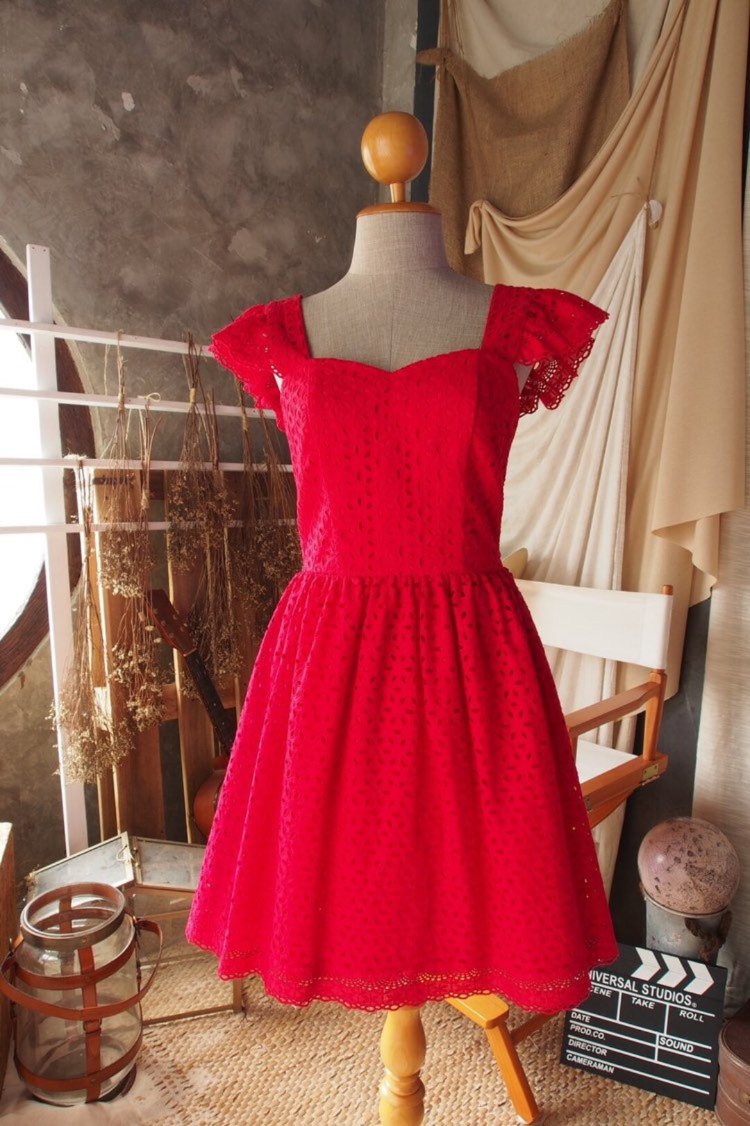 Chinese Wedding Engagement Red Lace Ruffle Sleeve Straps Dress Red ...