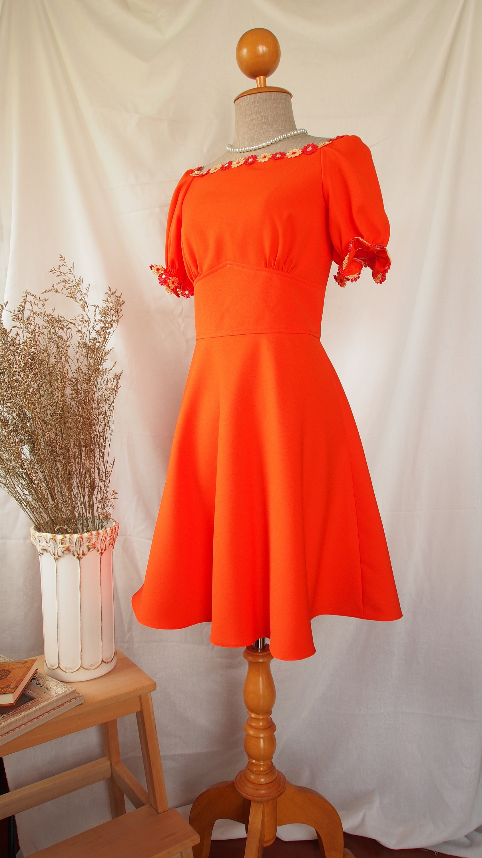 Orange Summer Dress Floral Lace Puff Sleeve Dolly Vintage | Etsy