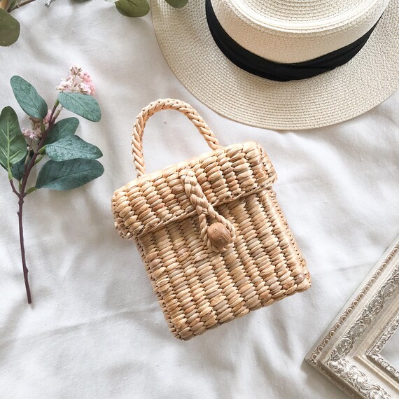 Straw Beach Bag Water Hyacinth Mini Square Style Basket Bag | Etsy
