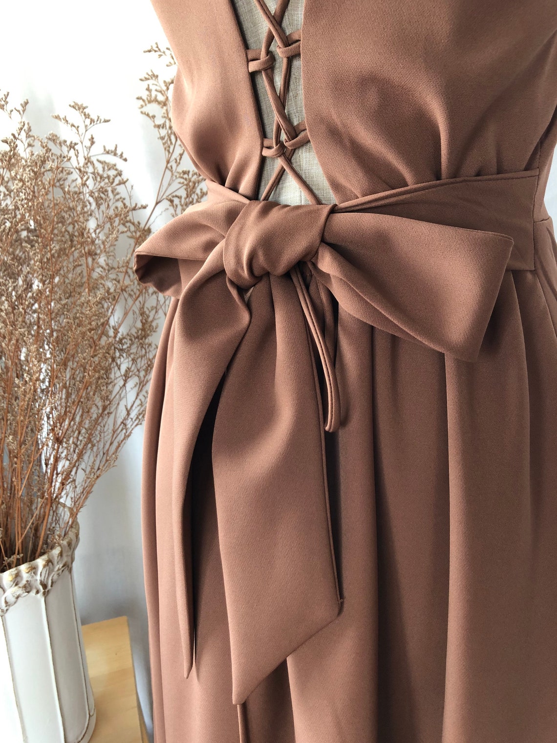 Brown Prom Dress Almond Bridesmaids Dress Crisscross Backless - Etsy