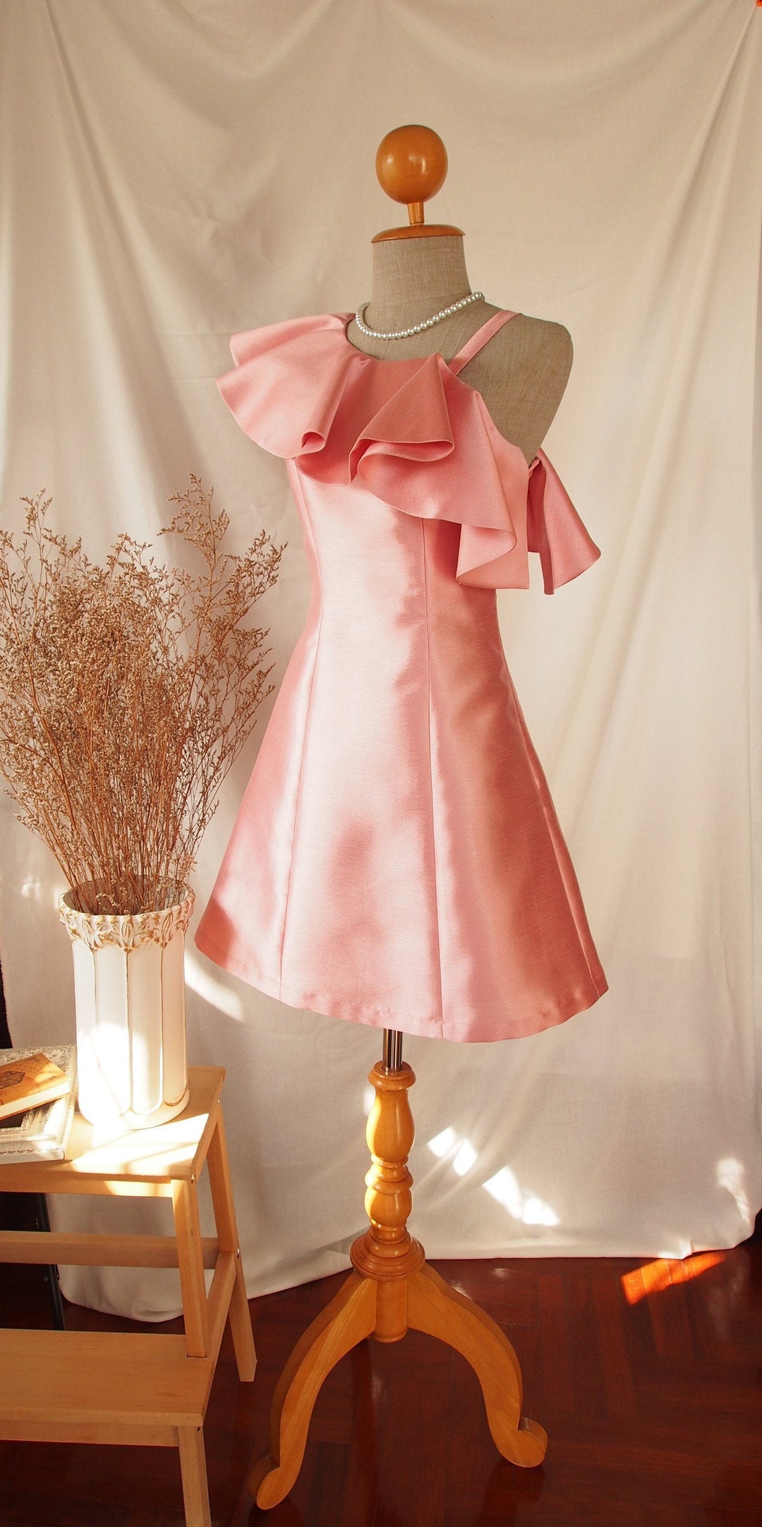 Emma Pink Bridesmaid Dress Pink Prom One Shoulder Marie Antoinette Mini Dress Shining Silk Big ...