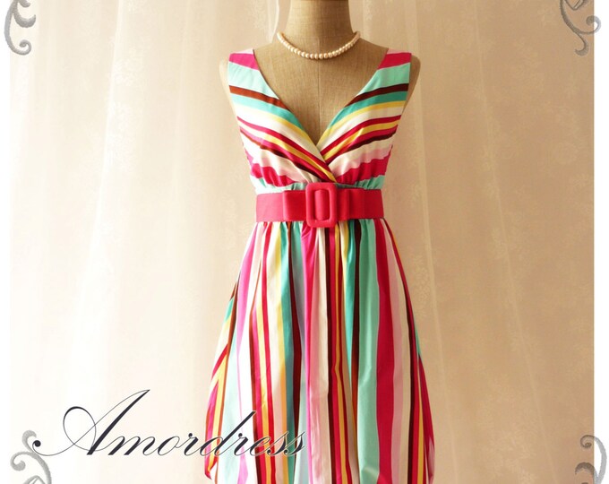 Rainbow Bright Colorful Summer Dress Stripe Dress Party Popping Tea ...