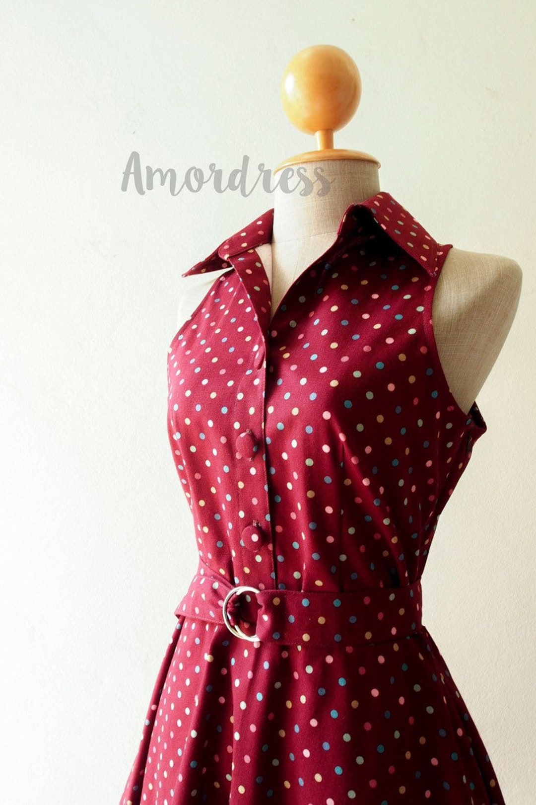 Retro Party Dress Mod Clothing Shirt Dress Dark Burgundy Polka Dot ...