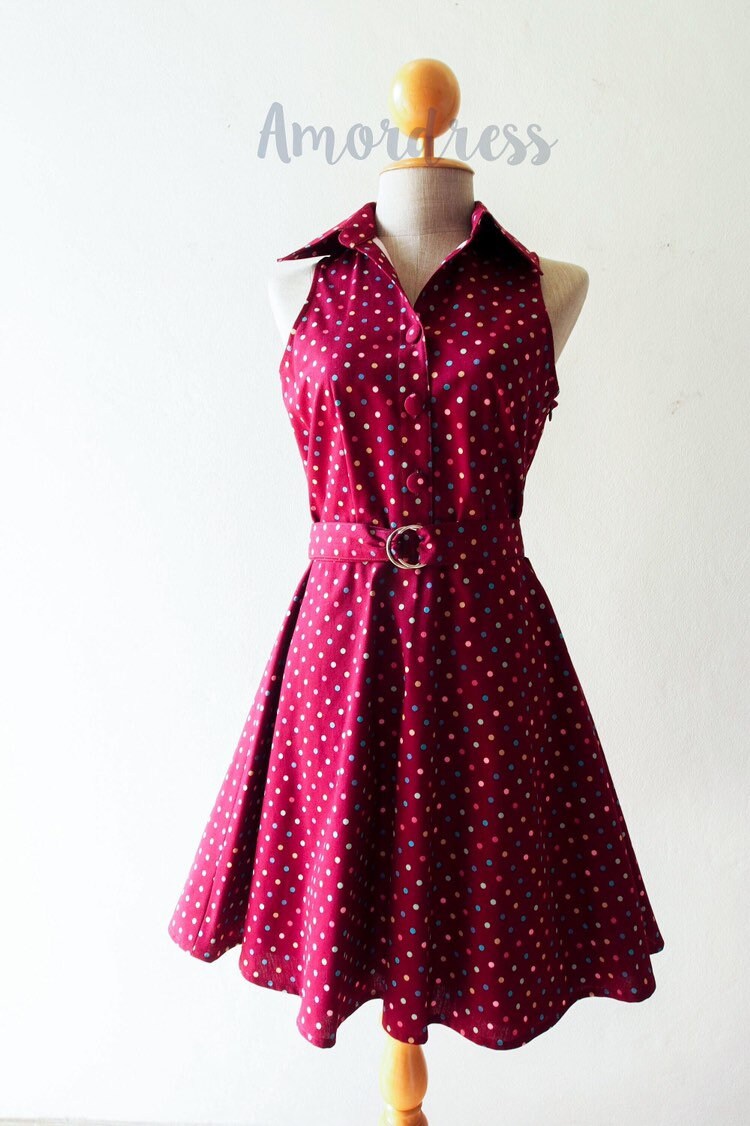 Retro Party Dress Mod Clothing Shirt Dress Dark Burgundy Polka | Etsy
