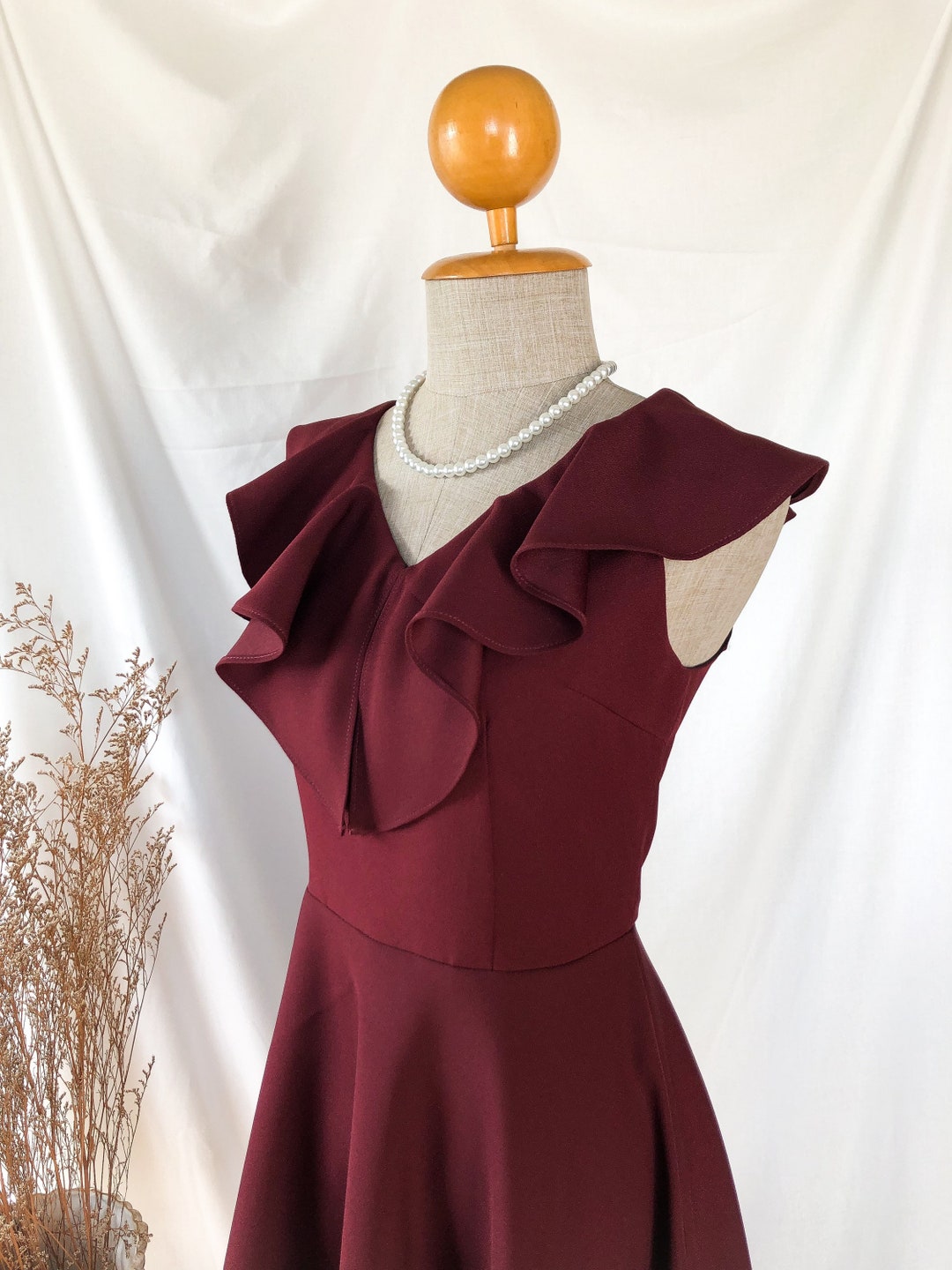 Dark Red Burgundy Prom Dress Ruffle Neck Sleeveless Swing - Etsy
