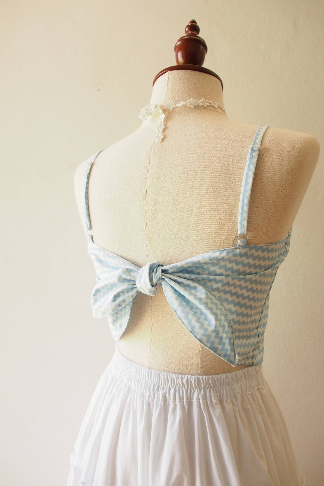 Top Spaghetti Straps Top Baby Blue Zigzag Stripe Cotton Top Beach Party ...