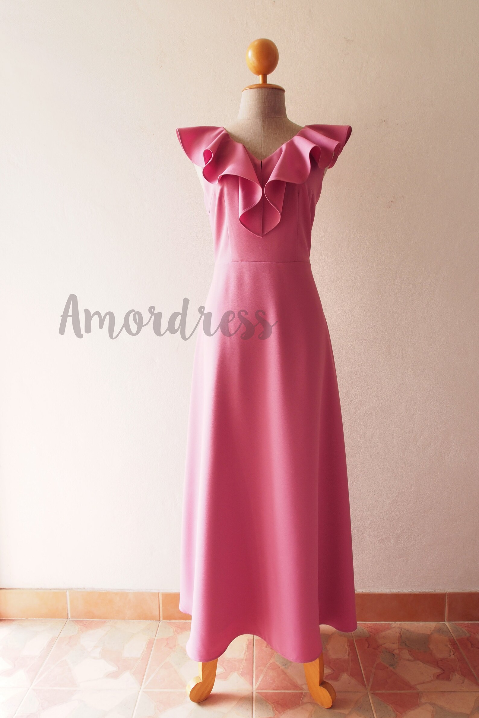 Prom Dress Long Bridesmaid Dress Cranberry Pink Dress Flounce Dress ...