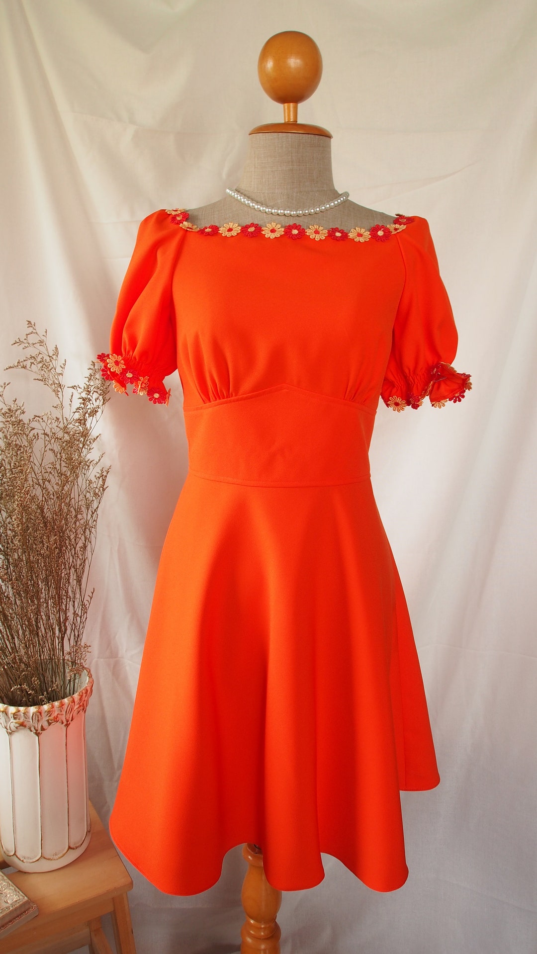 Orange Summer Dress Floral Lace Puff Sleeve Dolly Vintage Sundress ...