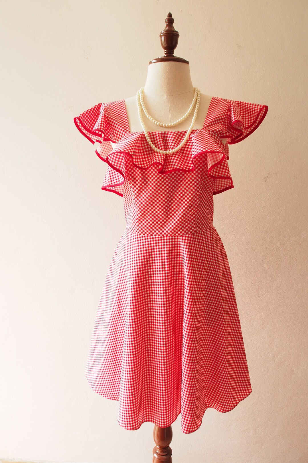 Red Summer Dress Red Gingham Ruffle Strap Vintage Retro Party Dress ...