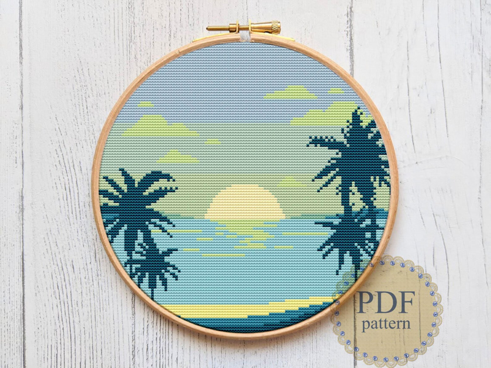 Sunset on the Beach Modern Cross Stitch Pattern Easy Round | Etsy