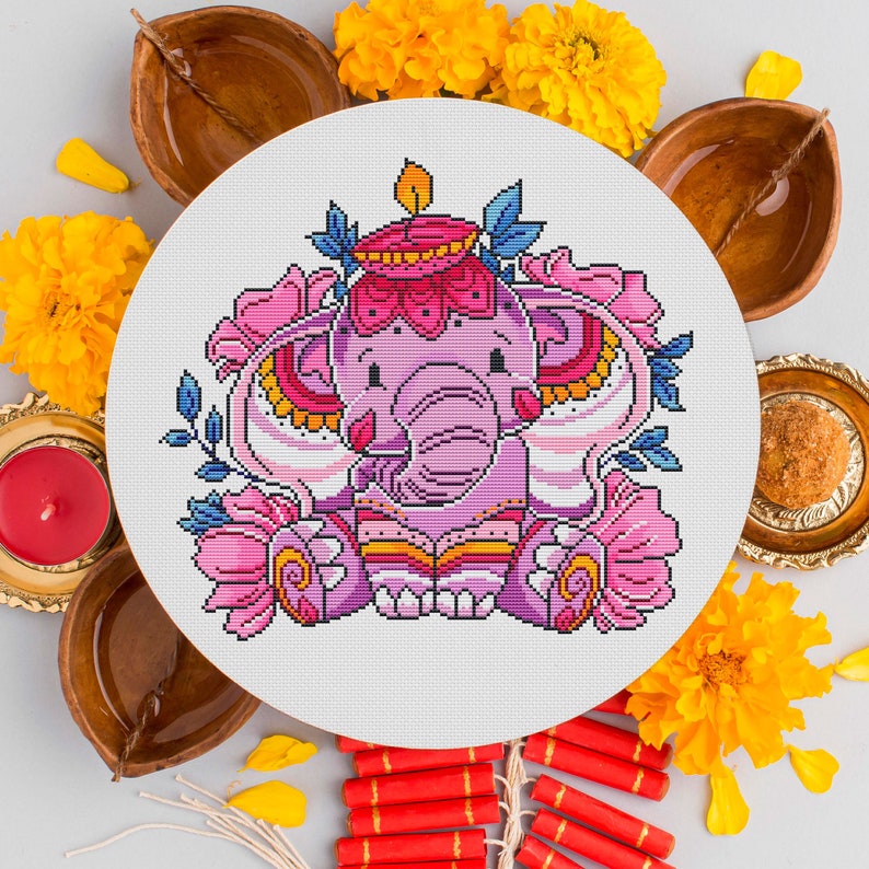 Diwali Baby Elephant Cross Stitch Pattern Indian Festival of | Etsy