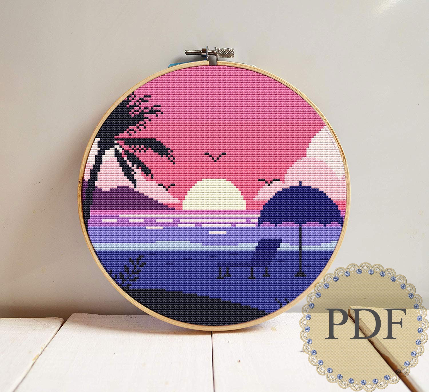 Sunset on the Beach Modern Cross Stitch Pattern Easy Round - Etsy