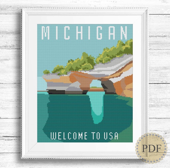 Michigan Modern Cross Stitch Pattern Travel USA Landscape | Etsy