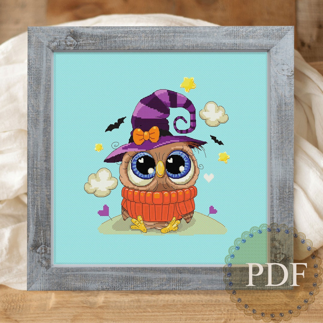 Halloween Witch Owl Modern Cross Stitch Pattern Nursery Bats Hearts ...