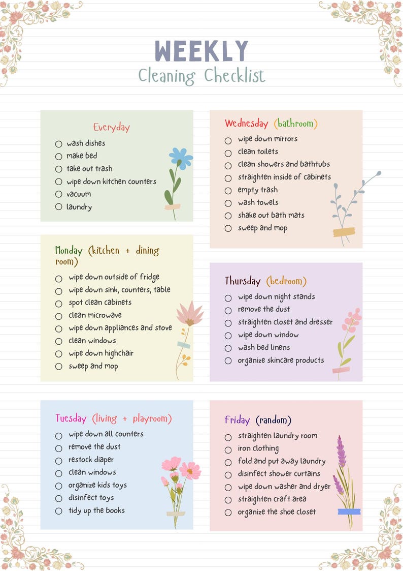 Weekly Cleaning Checklist Printable | Home Schedule Planner PDF - Etsy