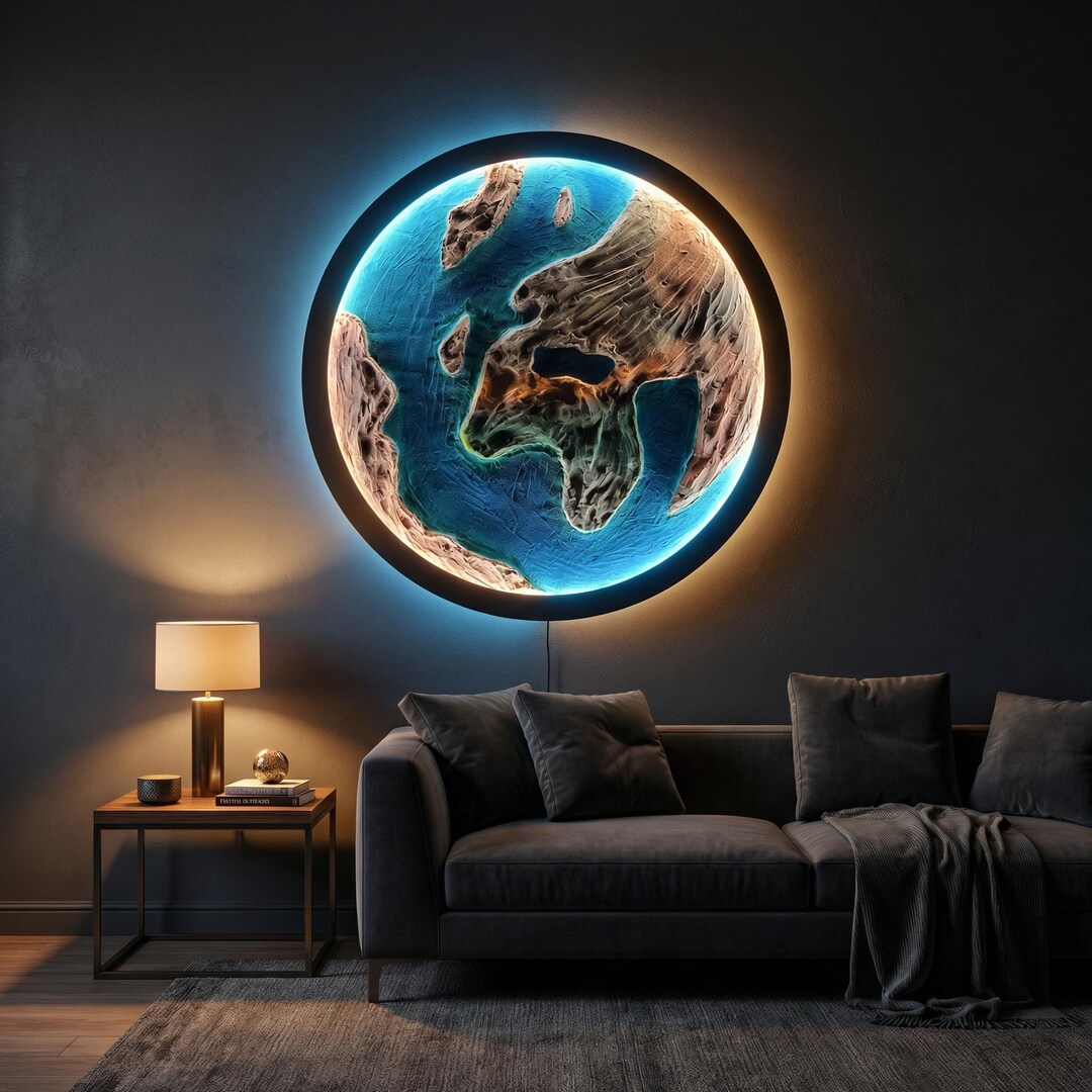 Backlit Earth Wall Art, LED Plaster Decor, Large Textured World Map - Etsy